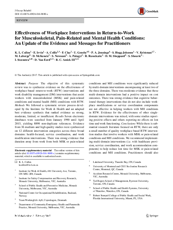 (PDF) Effectiveness of Workplace Interventions in Return-to-Work for ...