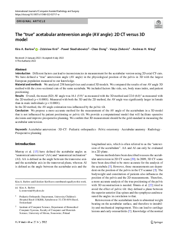 (PDF) The “true” acetabular anteversion angle (AV angle): 2D CT versus ...