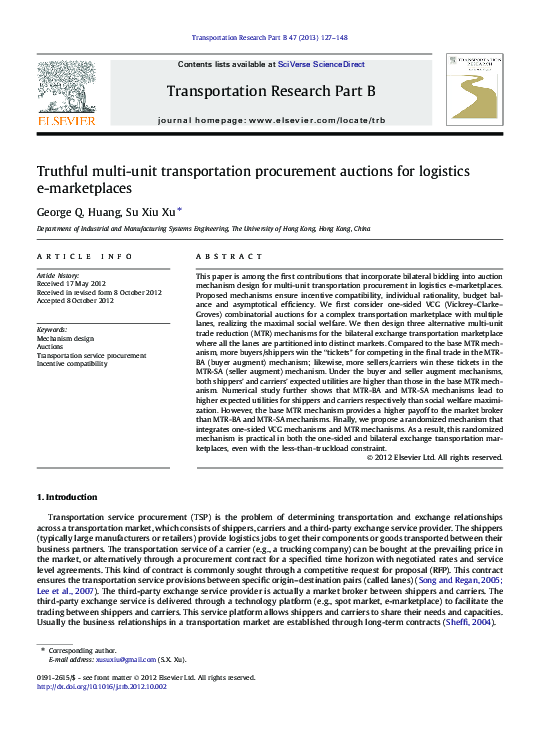 (PDF) Truthful multi-unit transportation procurement auctions for ...