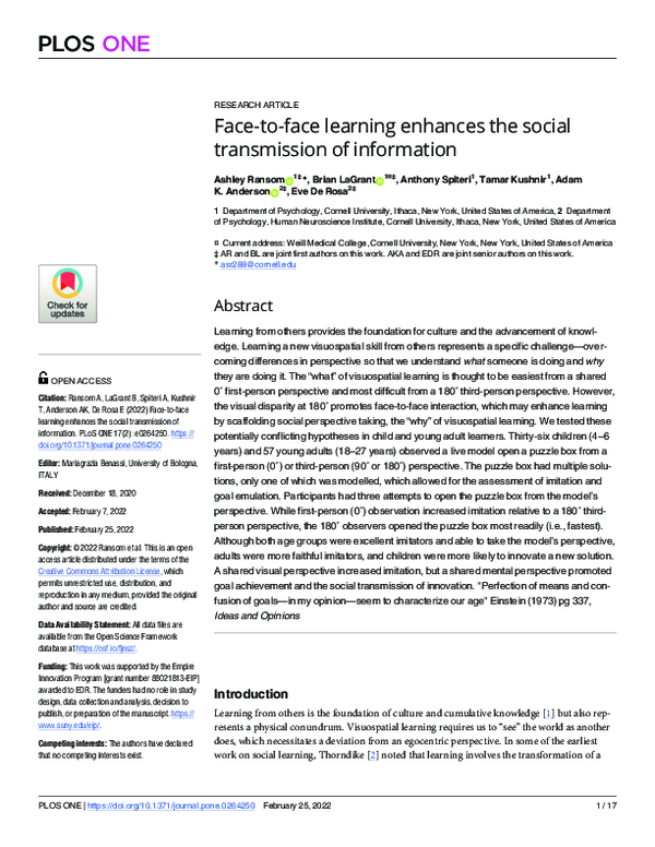 (PDF) Face-to-face learning enhances the social transmission of information