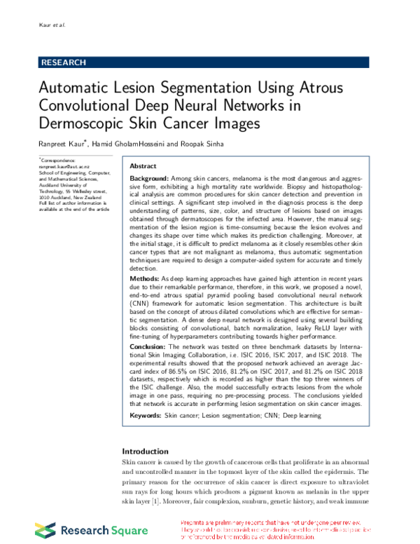 Pdf Automatic Lesion Segmentation Using Atrous Convolutional Deep