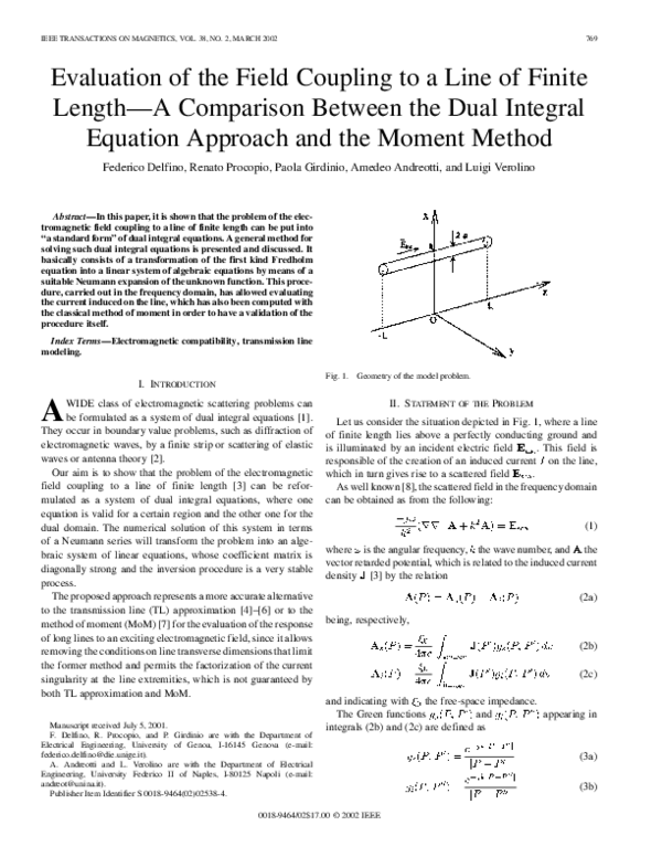 Pdf Evaluation Of The Field Coupling To A Line Of Finite Length A Comparison Between The
