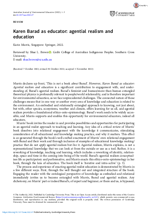 (PDF) Karen Barad as educator: agential realism and education - Karin ...