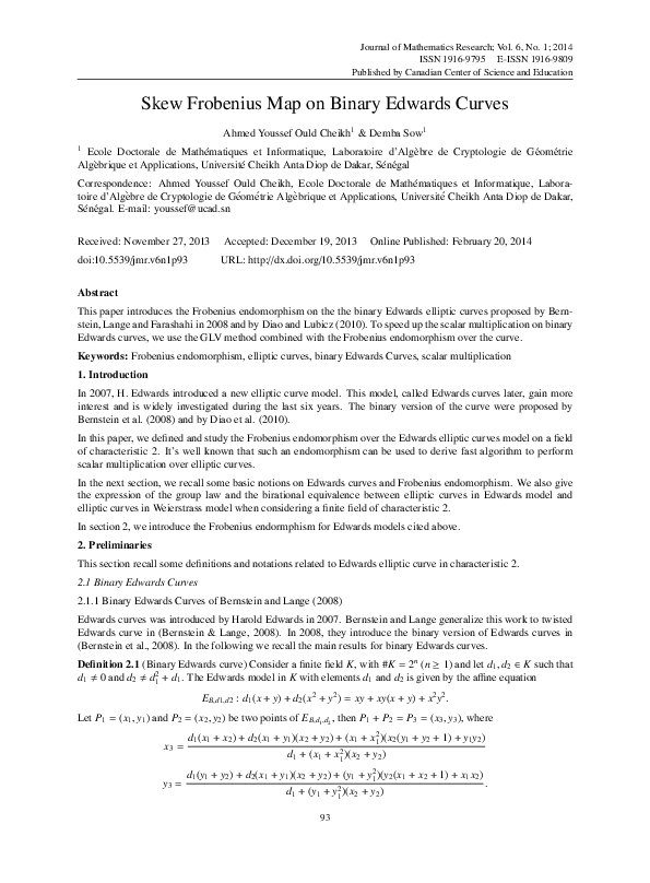 (PDF) Skew Frobenius Map on Binary Edwards Curves