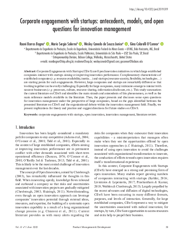 (PDF) Corporate engagements with startups: antecedents, models, and open questions for ...