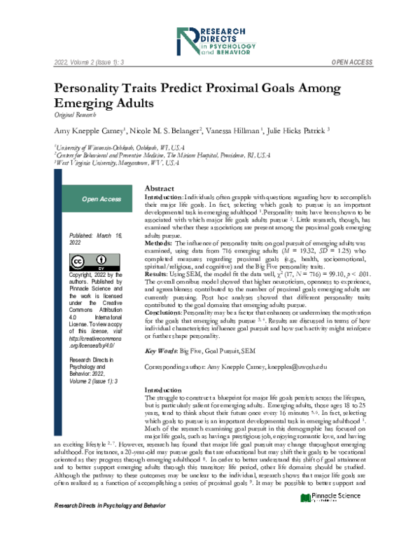 (PDF) Personality Traits Predict Proximal Goals Among Emerging Adults