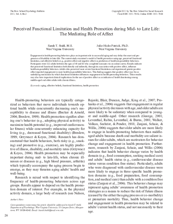 (PDF) Perceived functional limitation and health promotion during mid ...