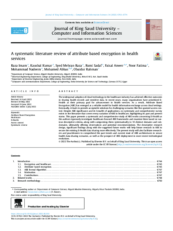 Pdf A Systematic Literature Review Of Attribute Based Encryption In Health Services