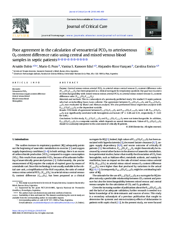 (PDF) Poor agreement in the calculation of venoarterial PCO2 to ...