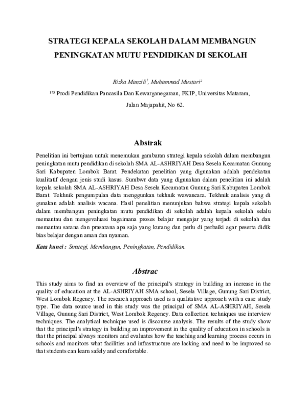 (DOC) STRATEGI KEPALA SEKOLAH DALAM MEMBANGUN PENINGKATAN MUTU PENDIDIKAN DI SEKOLAH