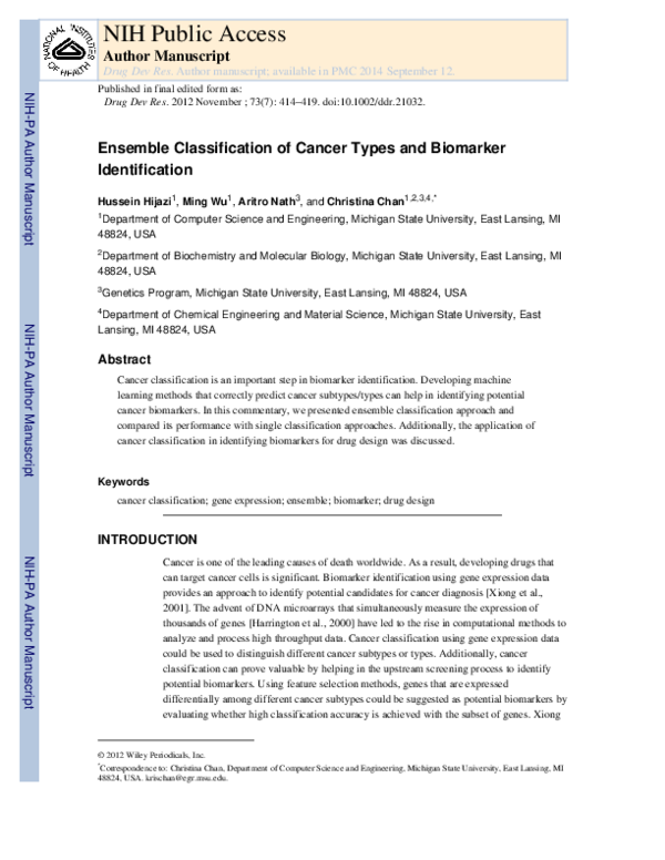(PDF) Ensemble Classification of Cancer Types and Biomarker Identification
