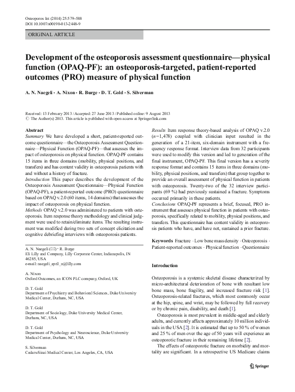 (PDF) Development of the osteoporosis assessment questionnaire—physical ...