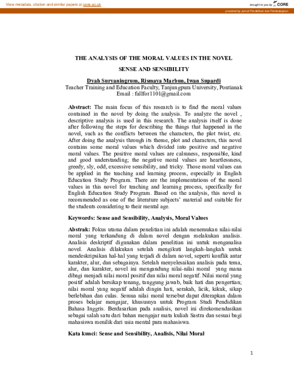(PDF) The Analysis of the Moral Values in the Novel Sense and Sensibility