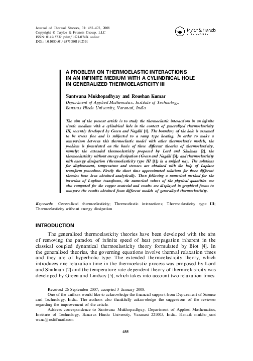 (PDF) A Problem on Thermoelastic Interactions in an Infinite Medium with a Cylindrical Hole in ...