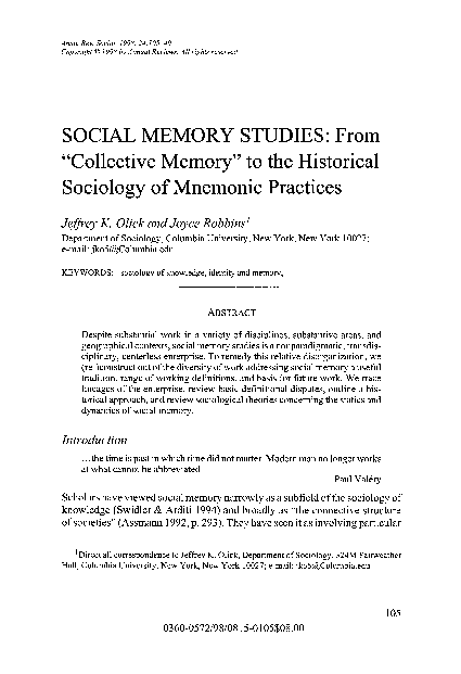 (PDF) Social memory studies: From" collective memory" to the historical ...
