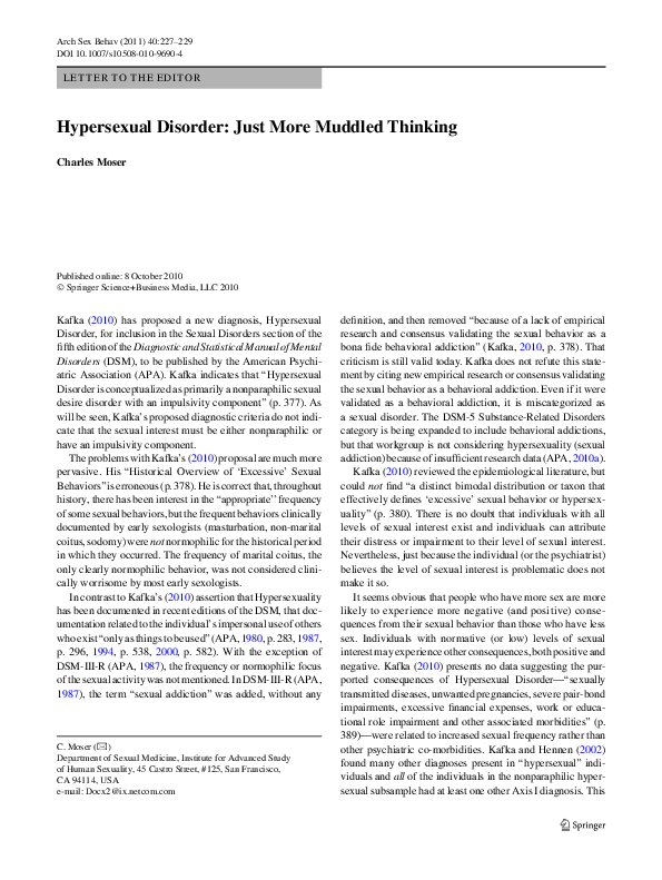 (PDF) Hypersexual Disorder: Just More Muddled Thinking