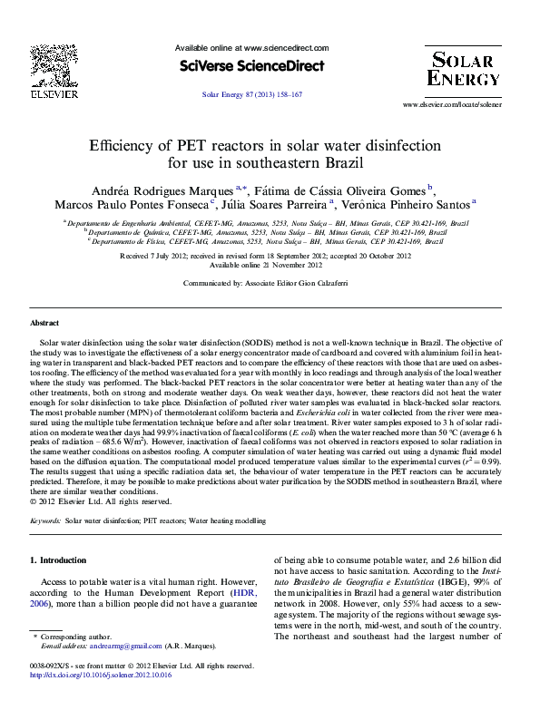 (PDF) Efficiency of PET reactors in solar water disinfection for use in ...
