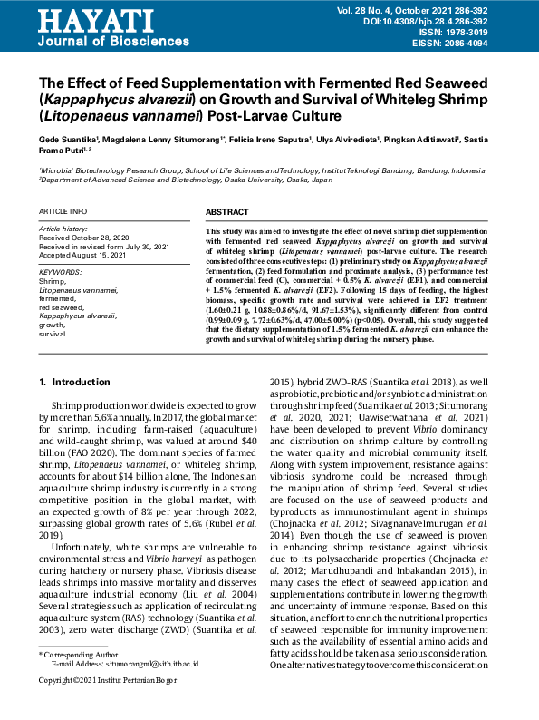 (PDF) The Effect of Feed Supplementation with Fermented Red Seaweed (Kappaphycus alvarezii) on ...