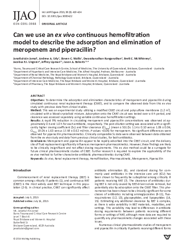 (PDF) Can we use an ex vivo continuous hemofiltration model to describe ...