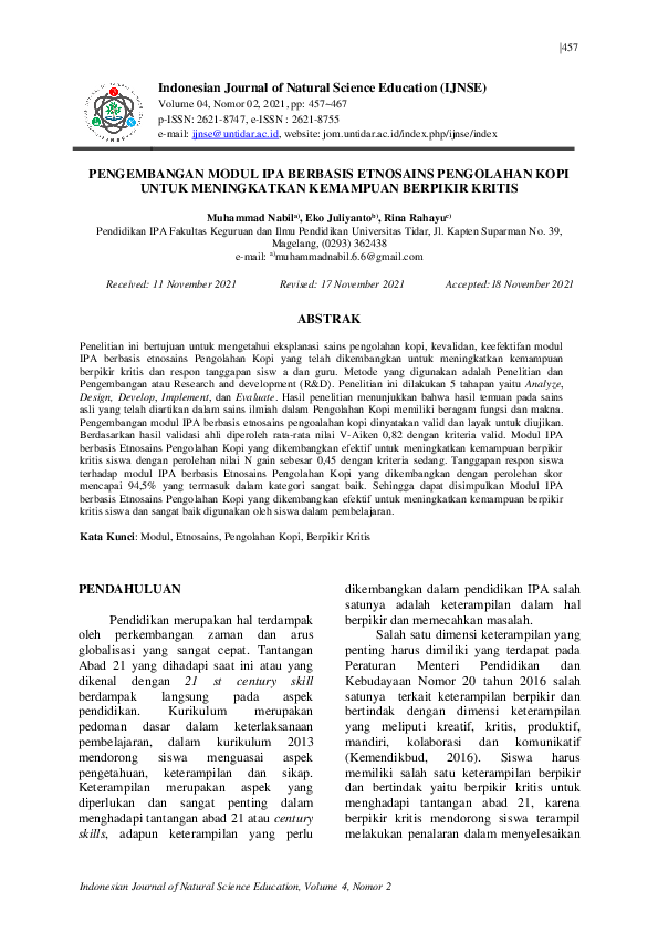 (PDF) Pengembangan Modul Ipa Berbasis Etnosains Pengolahan Kopi Untuk Meningkatkan Kemampuan ...