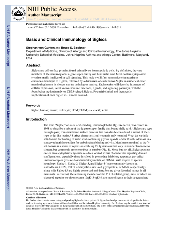 (PDF) Basic and Clinical Immunology of Siglecs
