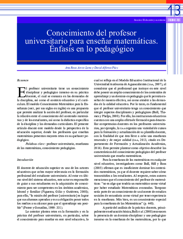 (PDF) Conocimiento del profesor universitario para enseñar matemáticas ...