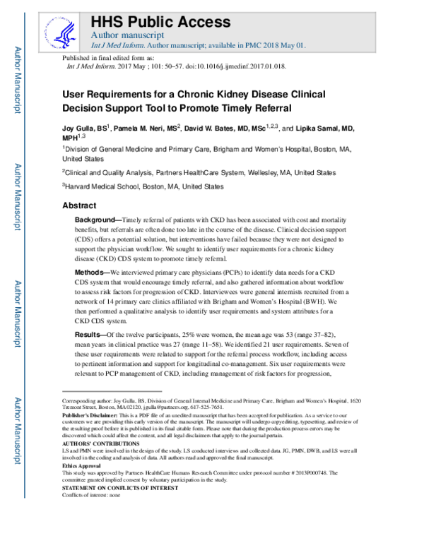 (PDF) User Requirements for a Chronic Kidney Disease Clinical Decision ...
