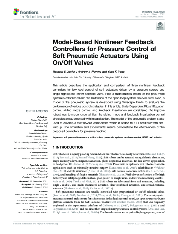 (PDF) Model-Based Nonlinear Feedback Controllers for Pressure Control of Soft Pneumatic ...