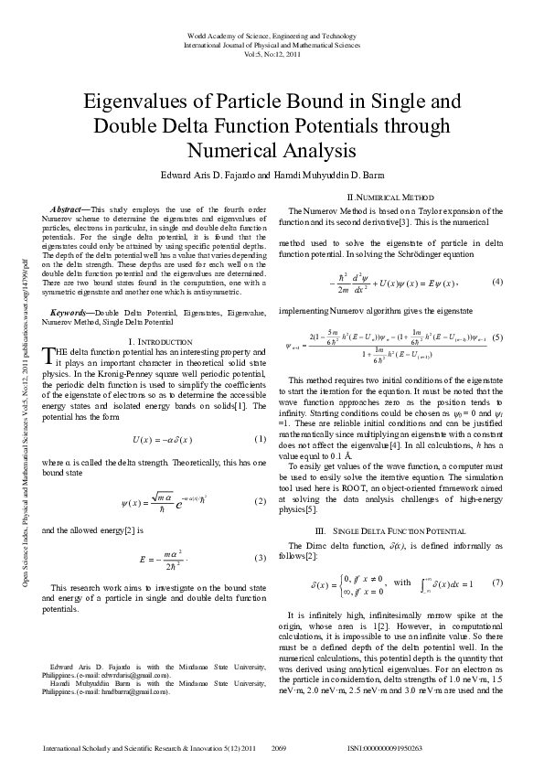 Pdf Eigenvalues Of Particle Bound In Single And Double Delta Function