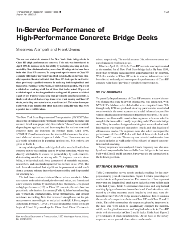 Pdf Performance Of High Performance Concrete Decks