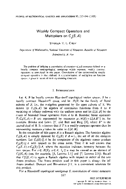 (PDF) Weakly compact operators and multipliers on C0(S, A)