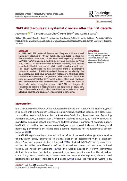(PDF) NAPLAN discourses: a systematic review after the first decade