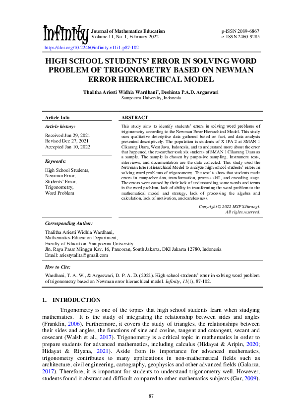 (PDF) High School Students’ Error in Solving Word Problem of Trigonometry Based on Newman Error ...