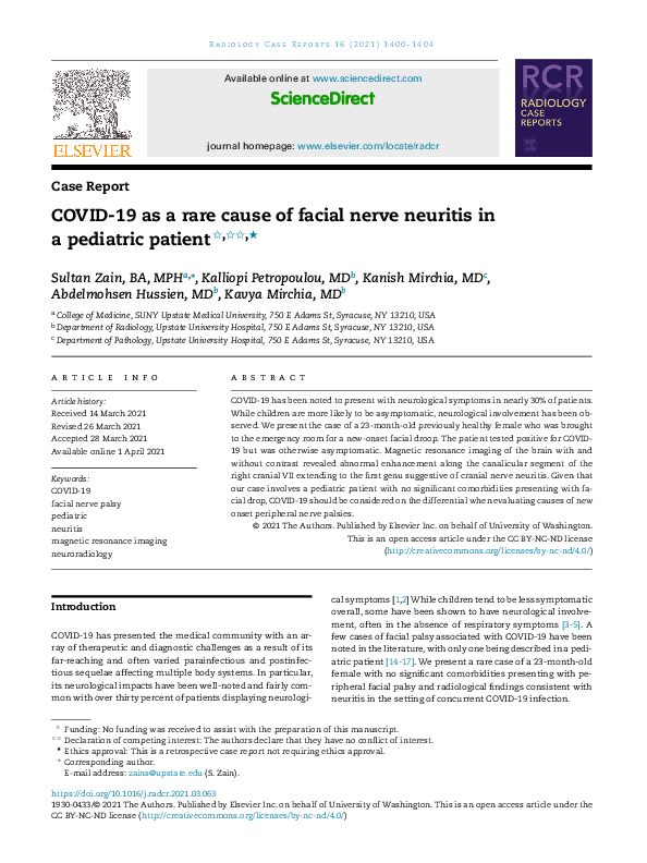 (PDF) COVID-19 as a rare cause of facial nerve neuritis in a pediatric ...