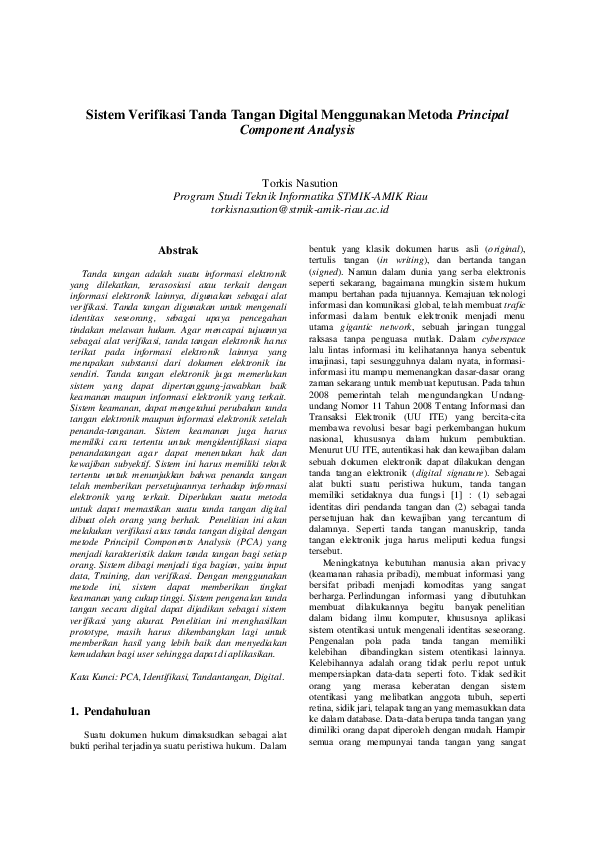 (PDF) Sistem Verifikasi Tanda Tangan Digital Menggunakan Metoda Principal Component Analysis
