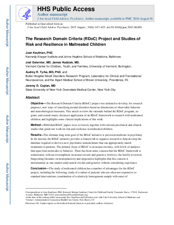 (PDF) The Research Domain Criteria (RDoC) Project and Studies of Risk ...