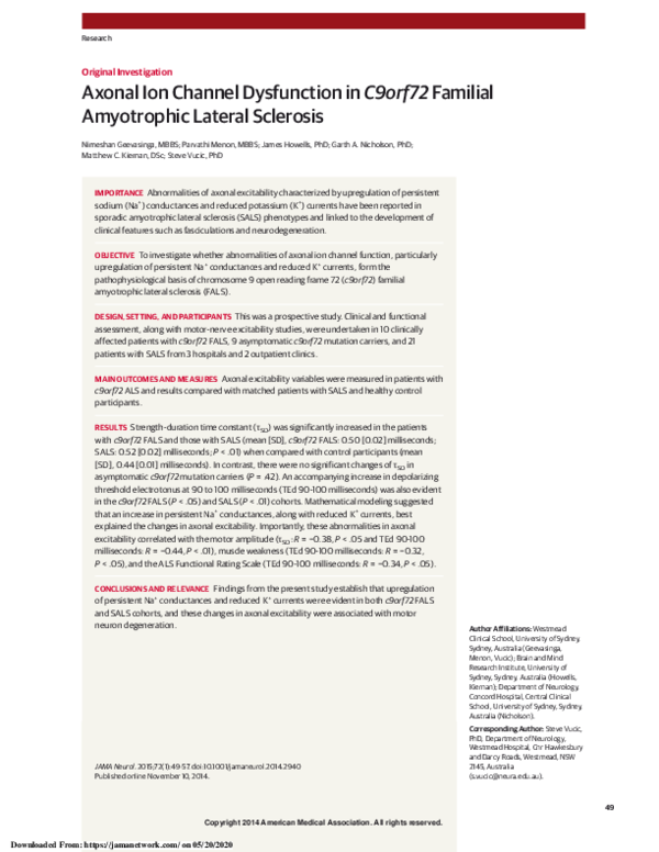 (PDF) Axonal ion channel dysfunction in c9orf72 familial amyotrophic ...