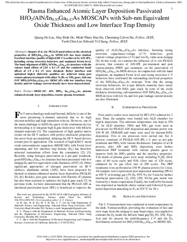 (PDF) Plasma Enhanced Atomic Layer Deposition Passivated HfO2/AlN/In0 ...