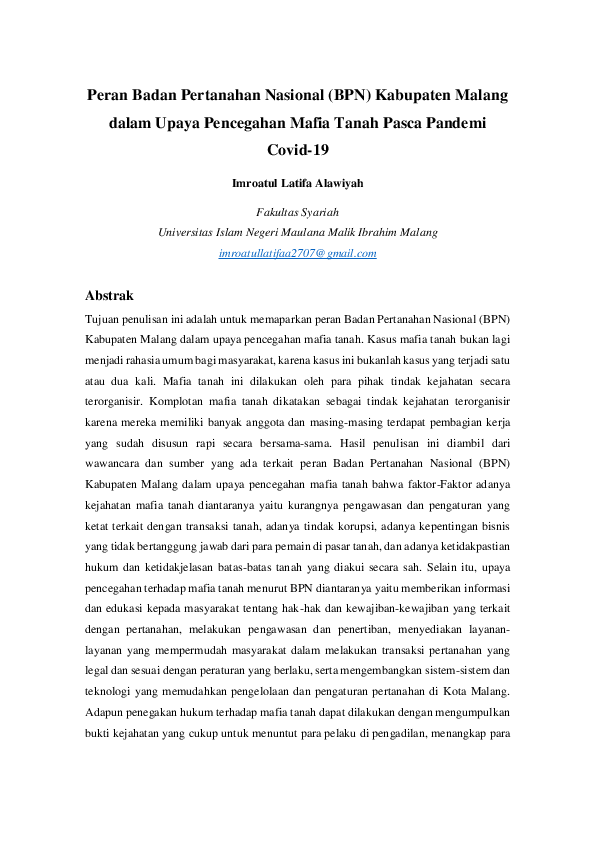 (PDF) Peran Badan Pertanahan Nasional (BPN) Kabupaten Malang dalam Upaya Pencegahan Mafia Tanah ...