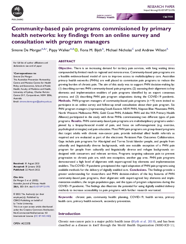 (PDF) Community-based pain programs commissioned by primary health ...