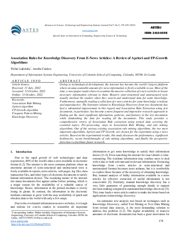 (PDF) Association Rules for Knowledge Discovery From E-News Articles: A Review of Apriori and FP ...
