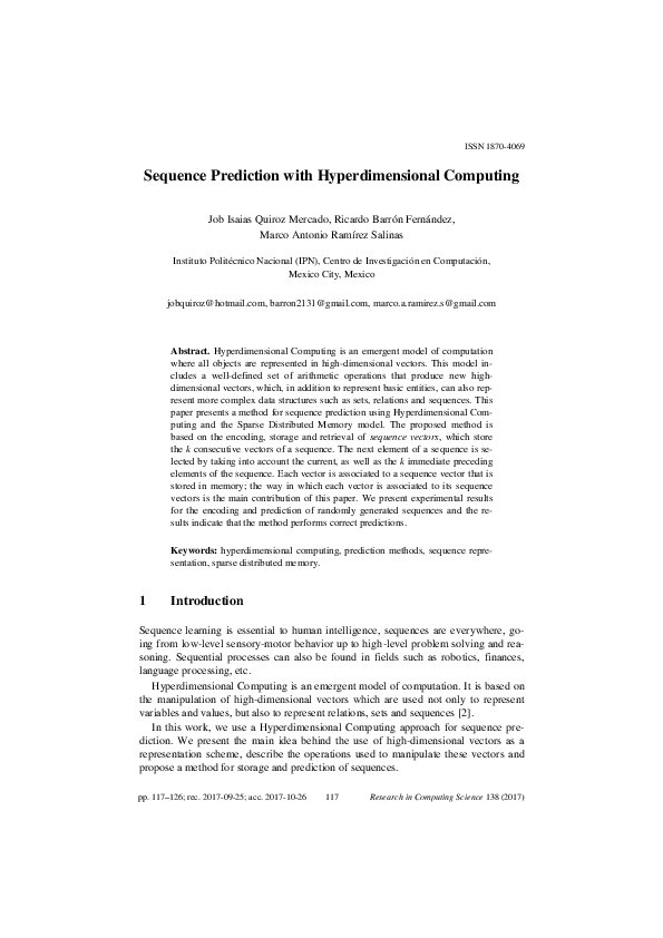 Pdf Sequence Prediction With Hyperdimensional Computing 2536