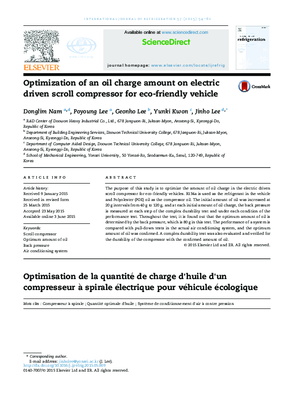 (PDF) Optimization of an oil charge amount on electric driven scroll ...