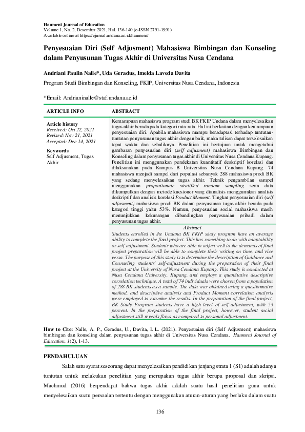 (PDF) Penyesuaian Diri (Self Adjusment) Mahasiswa Bimbingan dan Konseling dalam Penyusunan Tugas ...