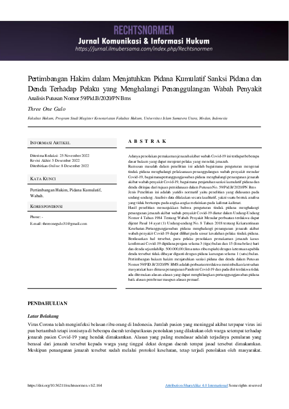 (PDF) Pertimbangan Hakim dalam Menjatuhkan Pidana Kumulatif Sanksi Pidana dan Denda Terhadap ...