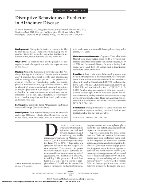 (PDF) Disruptive Behavior as a Predictor in Alzheimer Disease