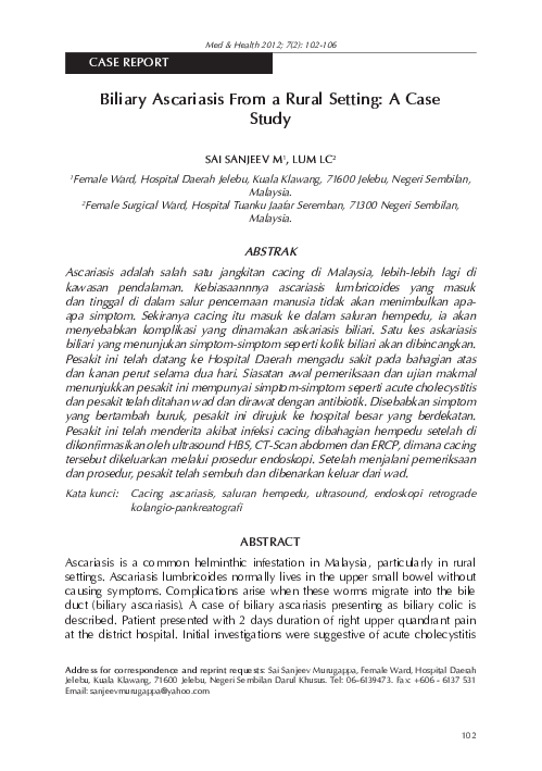 (PDF) Biliary Ascariasis From a Rural Setting: A Case Study