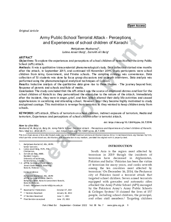 (PDF) Army Public School Terrorist Attack - Perceptions and Experiences ...