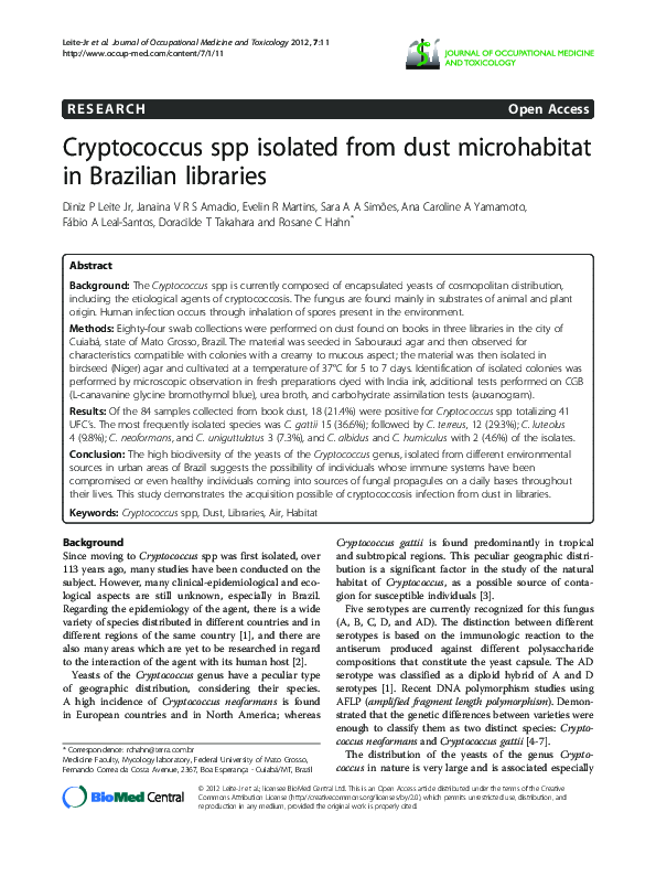Pdf Cryptococcus Spp Isolated From Dust Microhabitat In Brazilian Libraries