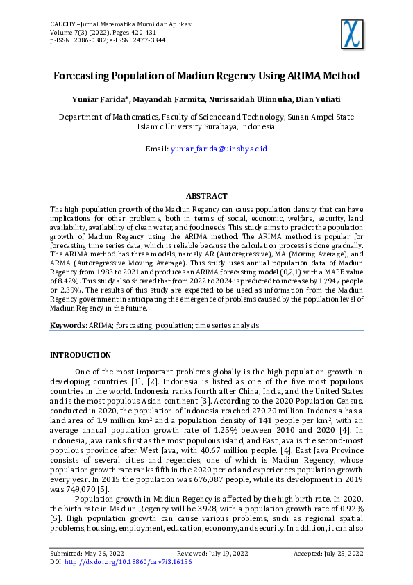 (PDF) Forecasting Population of Madiun Regency Using ARIMA Method